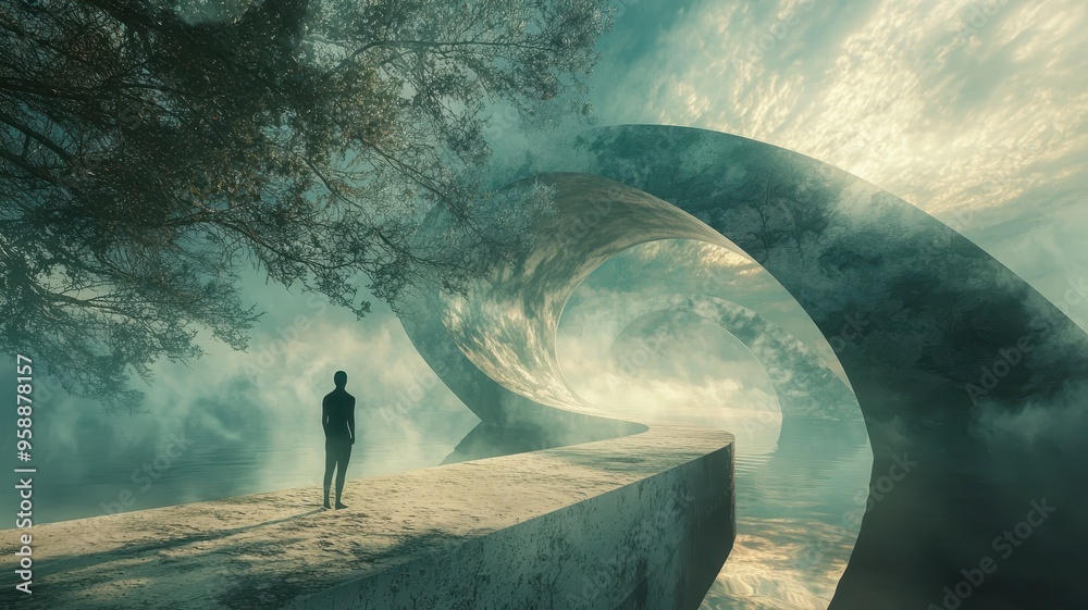 Frame suited individual navigating a surreal landscape of blended ...