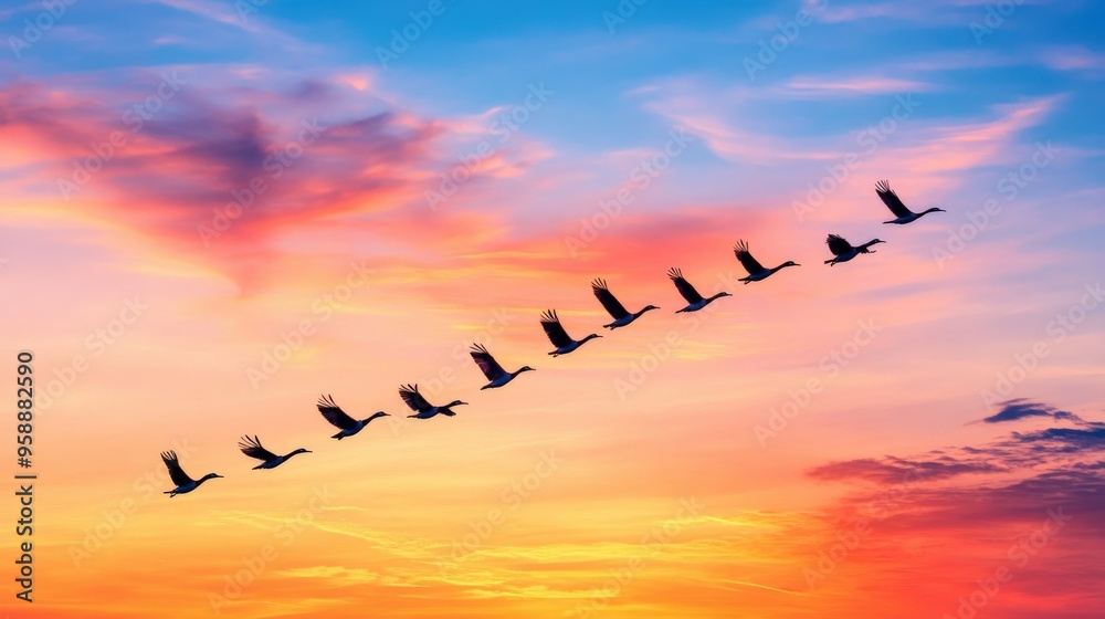 Birds migrating in a V-formation across a sunset sky, highlighting long ...