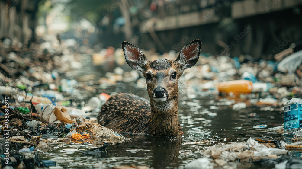 A deer is seen wading through a polluted water channel with floating ...