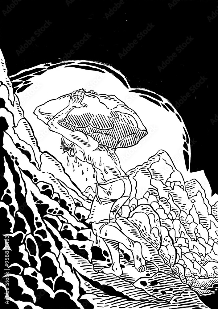 Sisyphus greek myth rolling a rock in a mountain. Guy worker strong ...