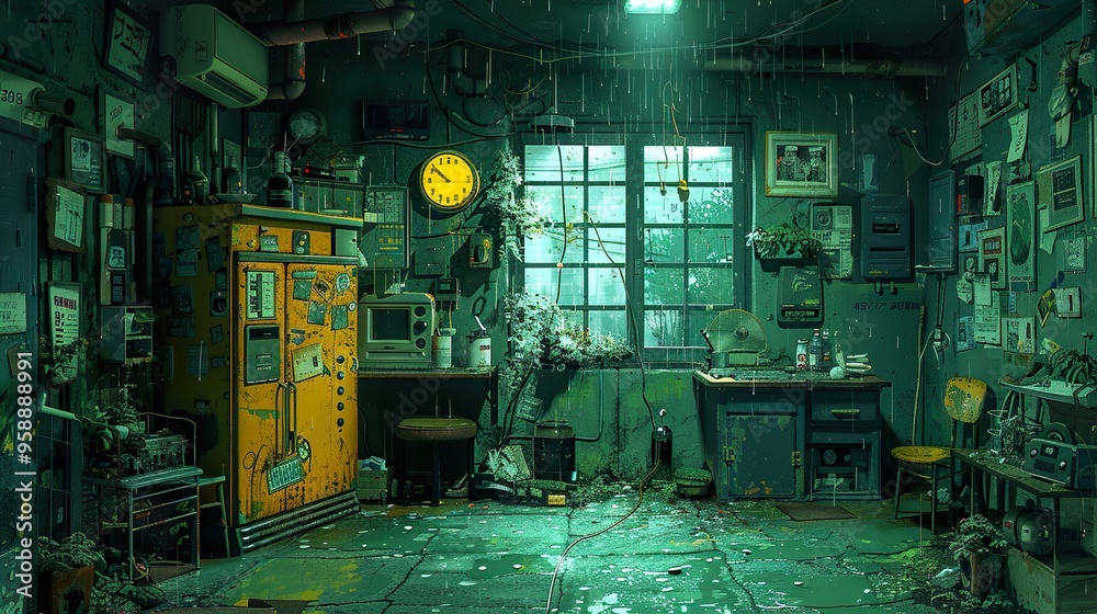 A cluttered and messy room with a window, a clock, a desk and a cabinet ...