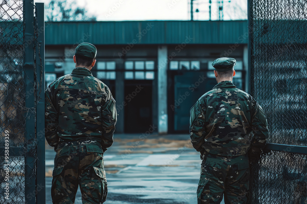 Guardians of the Gate: Two soldiers stand vigilant, their backs turned ...