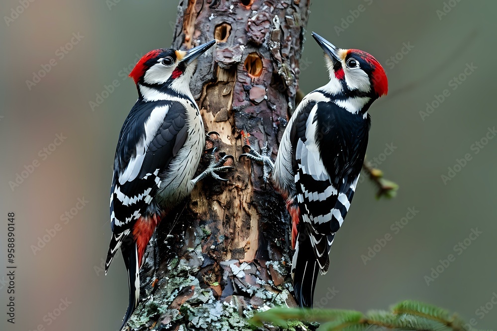 Two woodpeckers perched on a tree, showcasing their vibrant red crests ...