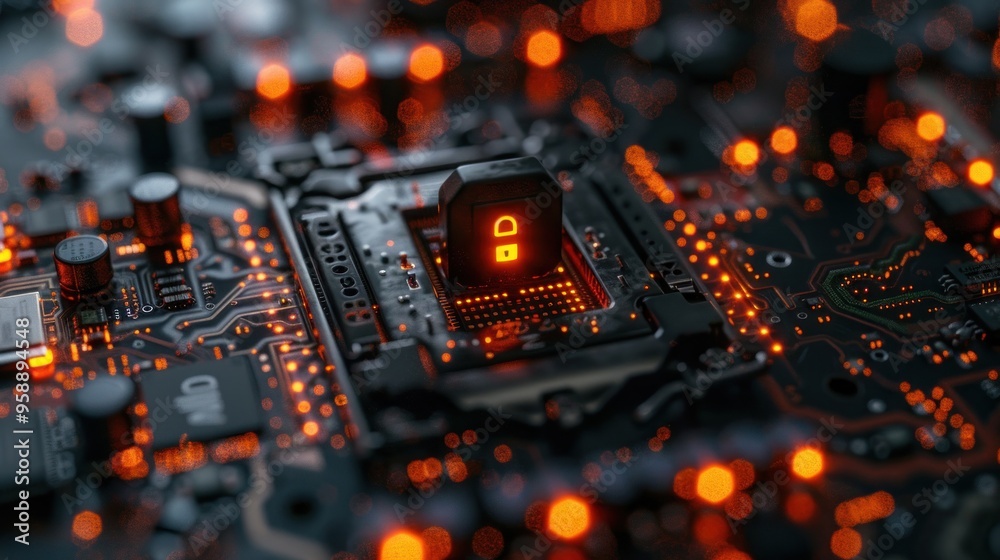 Motherboard, secure connection or cybersecurity service concept of ...