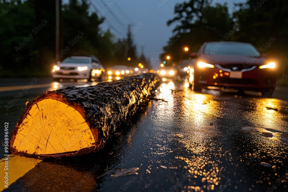 Accident, during a storm, fallen tree blocks the road and causes a ...