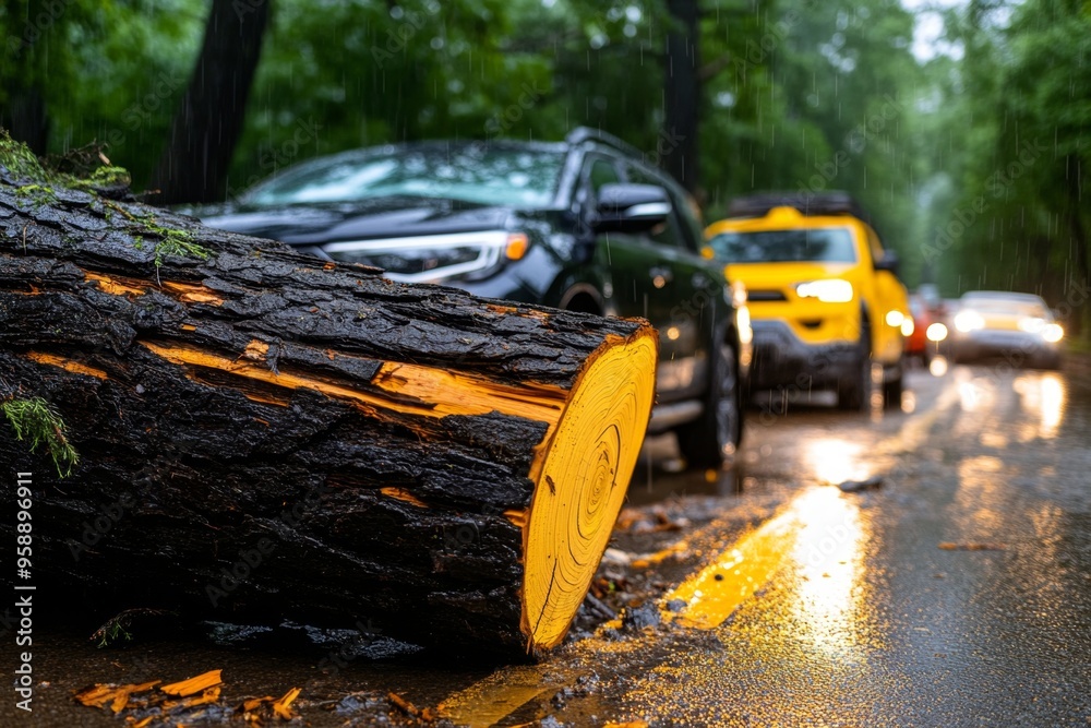 Accident, during a storm, fallen tree blocks the road and causes a ...