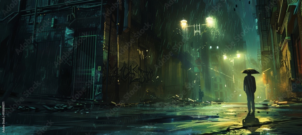 Desolate Urban Night Scene with Solitary Figure and Broken Umbrella ...