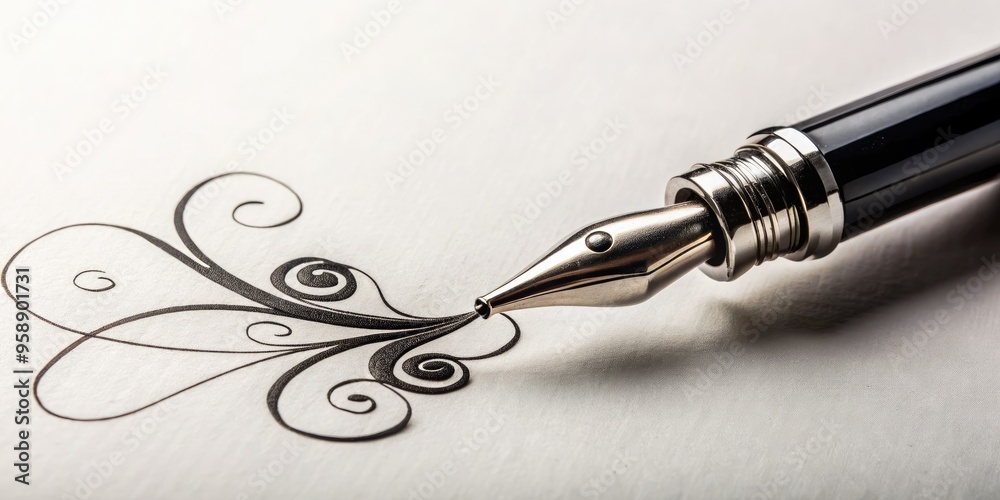 Elegant black calligraphy ink flows from a vintage metal nib pen ...