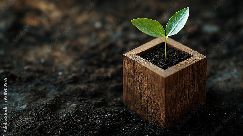 Wooden cube with a green sprout growing on a dark soil background ...
