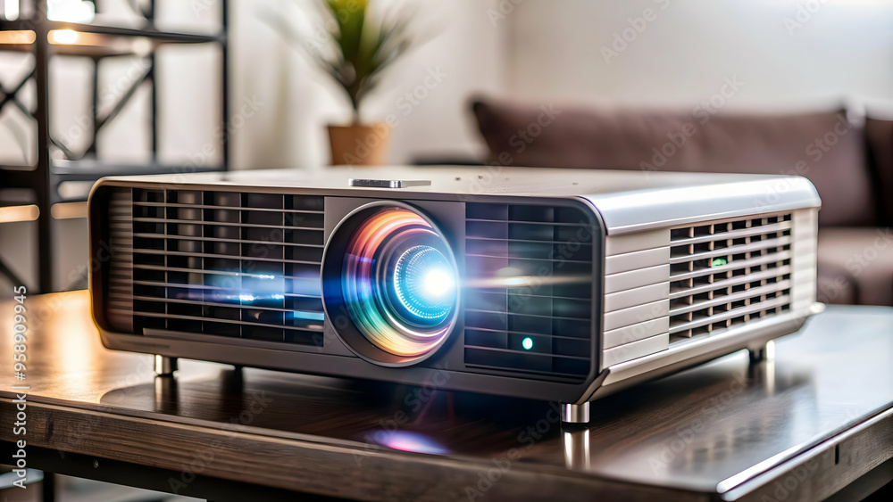 Holographic Presentation Slides Projected by Modern Projector on White ...