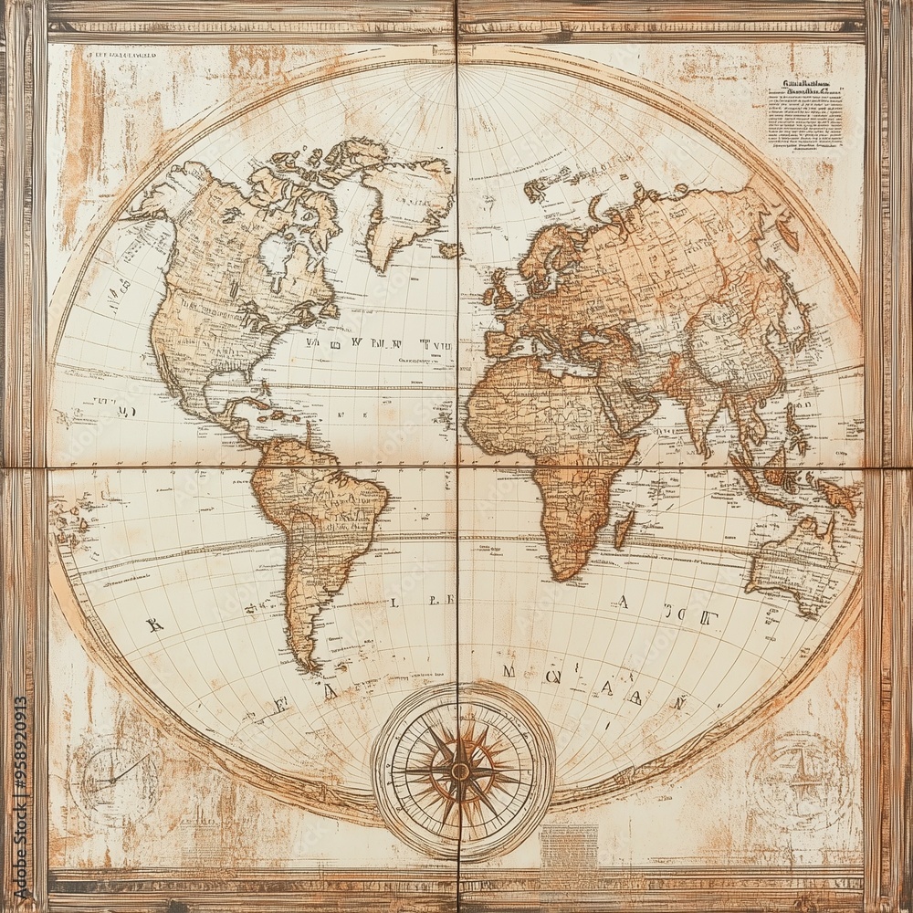 Antique world map with vintage sepia tones and detailed continents ...