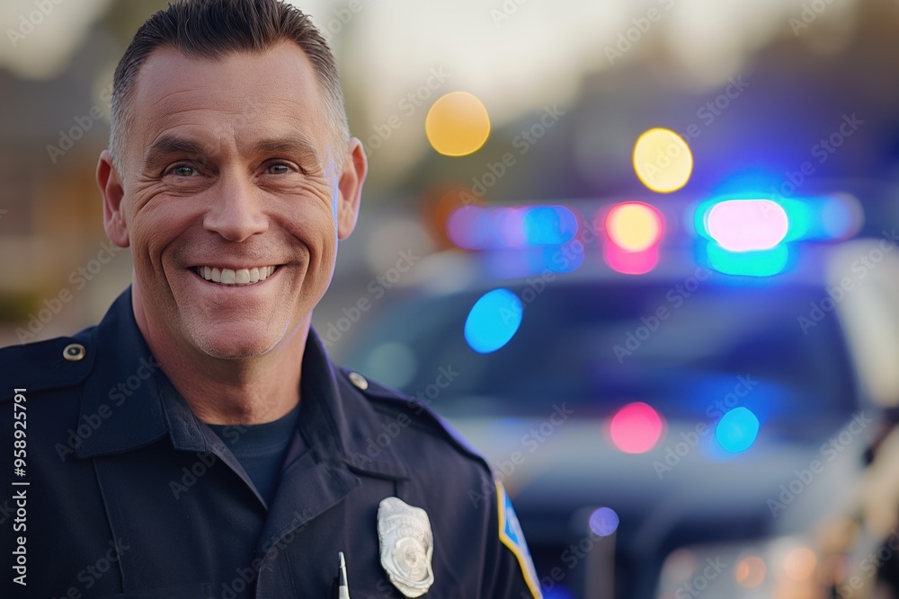 Police officer stands in front of parked car on daytime scene. Officer ...