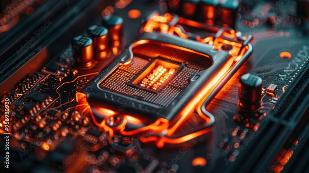 Motherboard, secure connection or cybersecurity service concept of ...