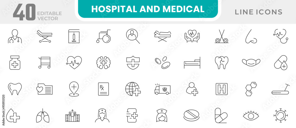 Hospital and medical care line icon collection. Health checkup, patient ...