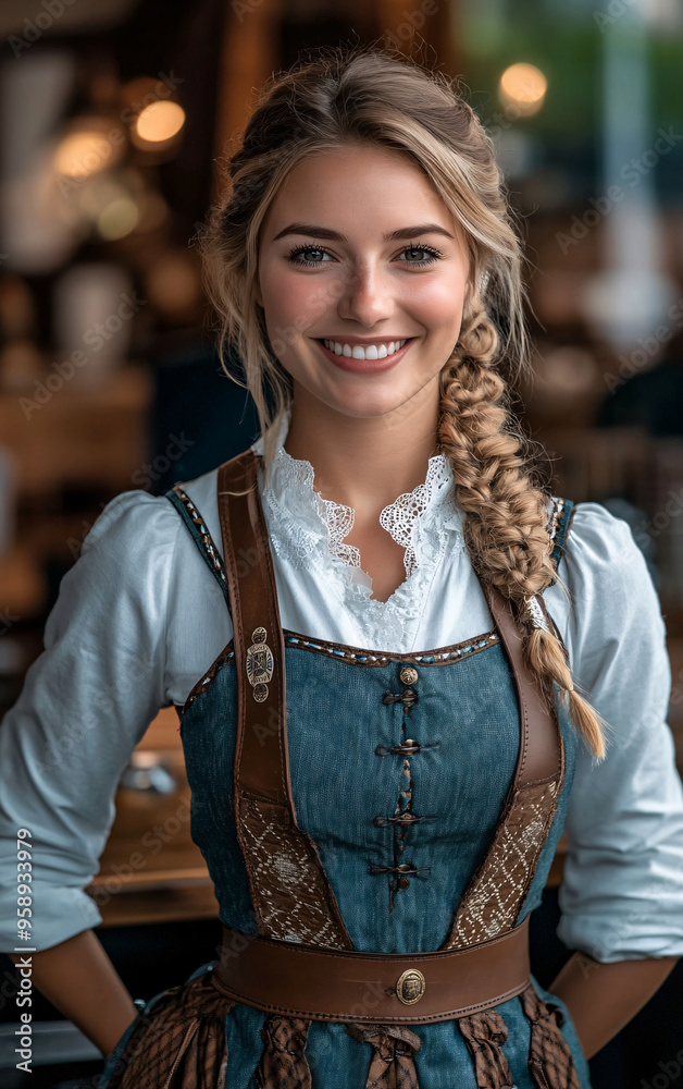 Cheerful Woman in Traditional German Attire Holding Beer Steins at ...