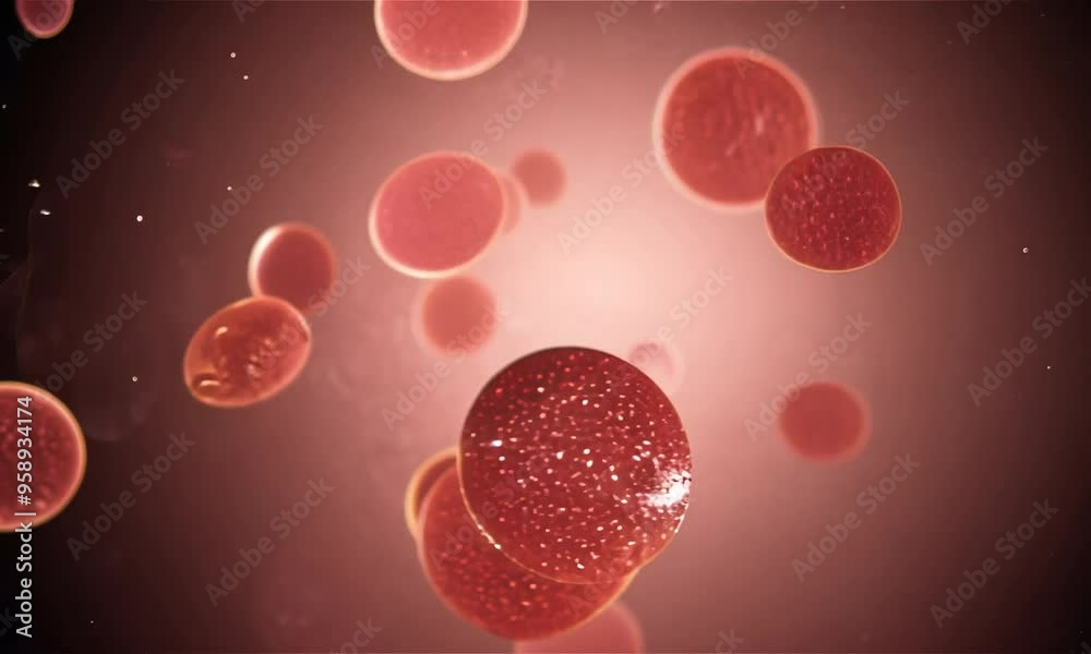 Transparent red blood cells floating in a scientific microscopic view ...
