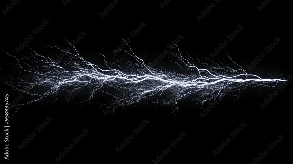 Dynamic lightning bolt with branching extensions, isolated on a black ...