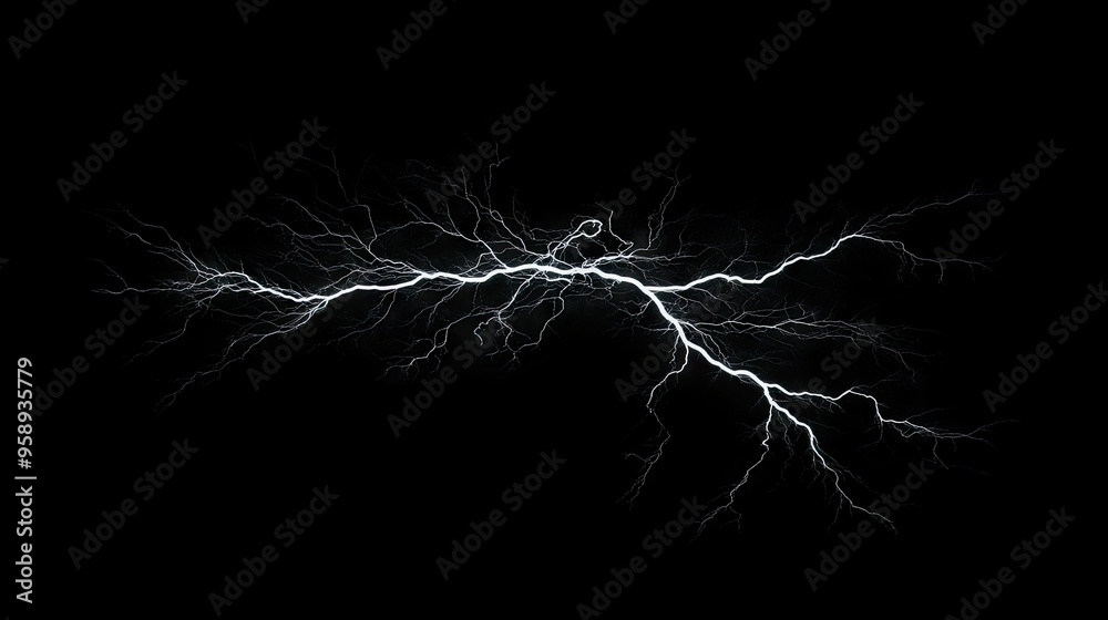 Dynamic lightning bolt with branching extensions, isolated on a black ...