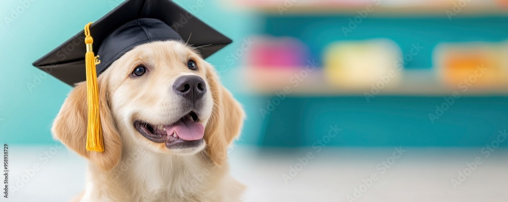 happy dog wearing graduation cap against a colorful background ...