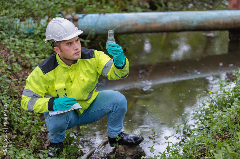 Environmental engineers inspect water quality,Bring water to the lab ...