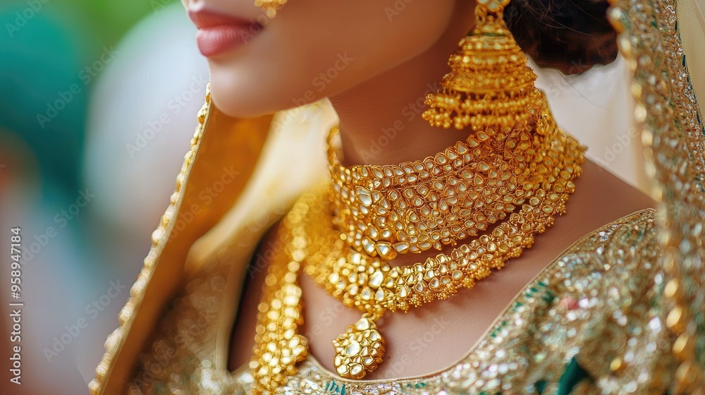 an Indian women wearing gold jewellery for her wedding, traditional ...