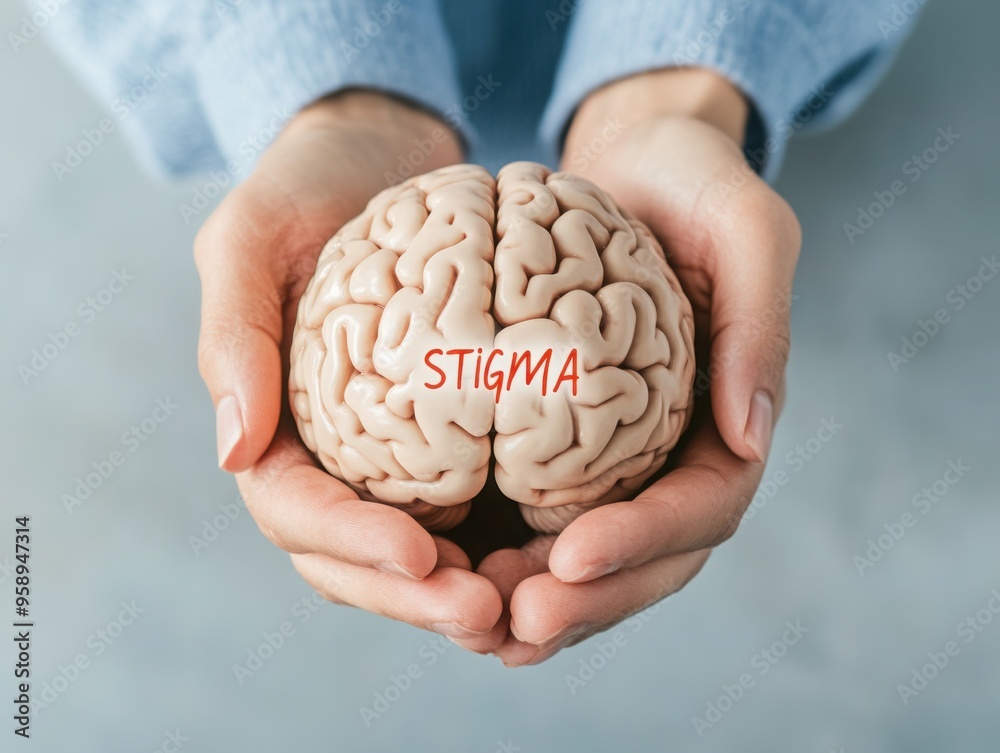 A close-up of hands holding a brain with cracks labeled "stigma" but ...