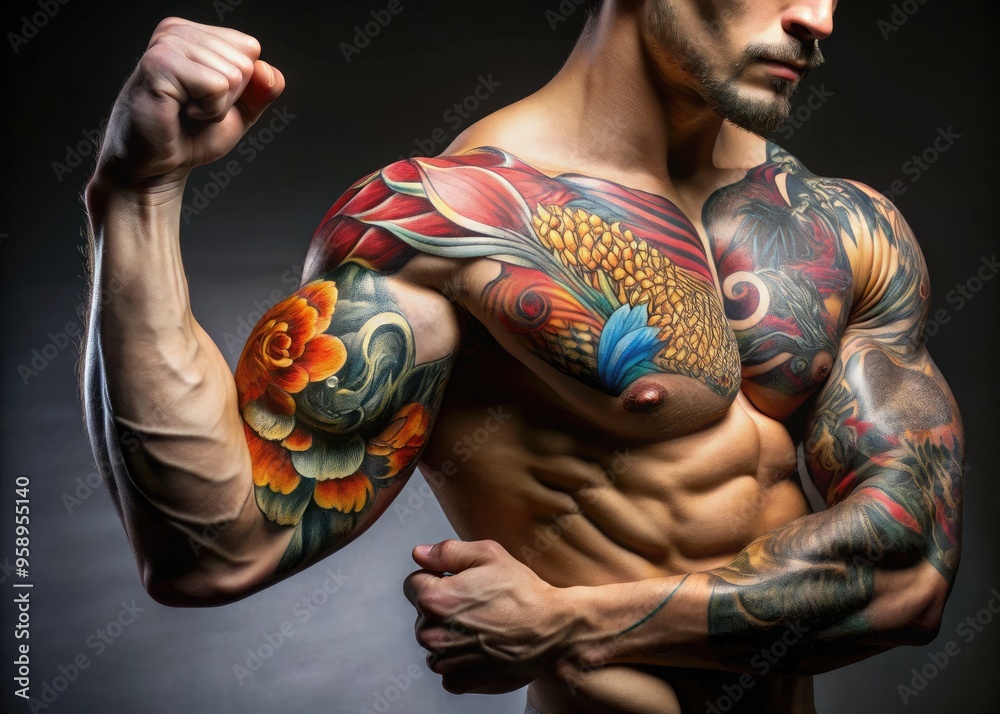 Muscular male torso featuring vibrant colorful koi fish tattoo design ...