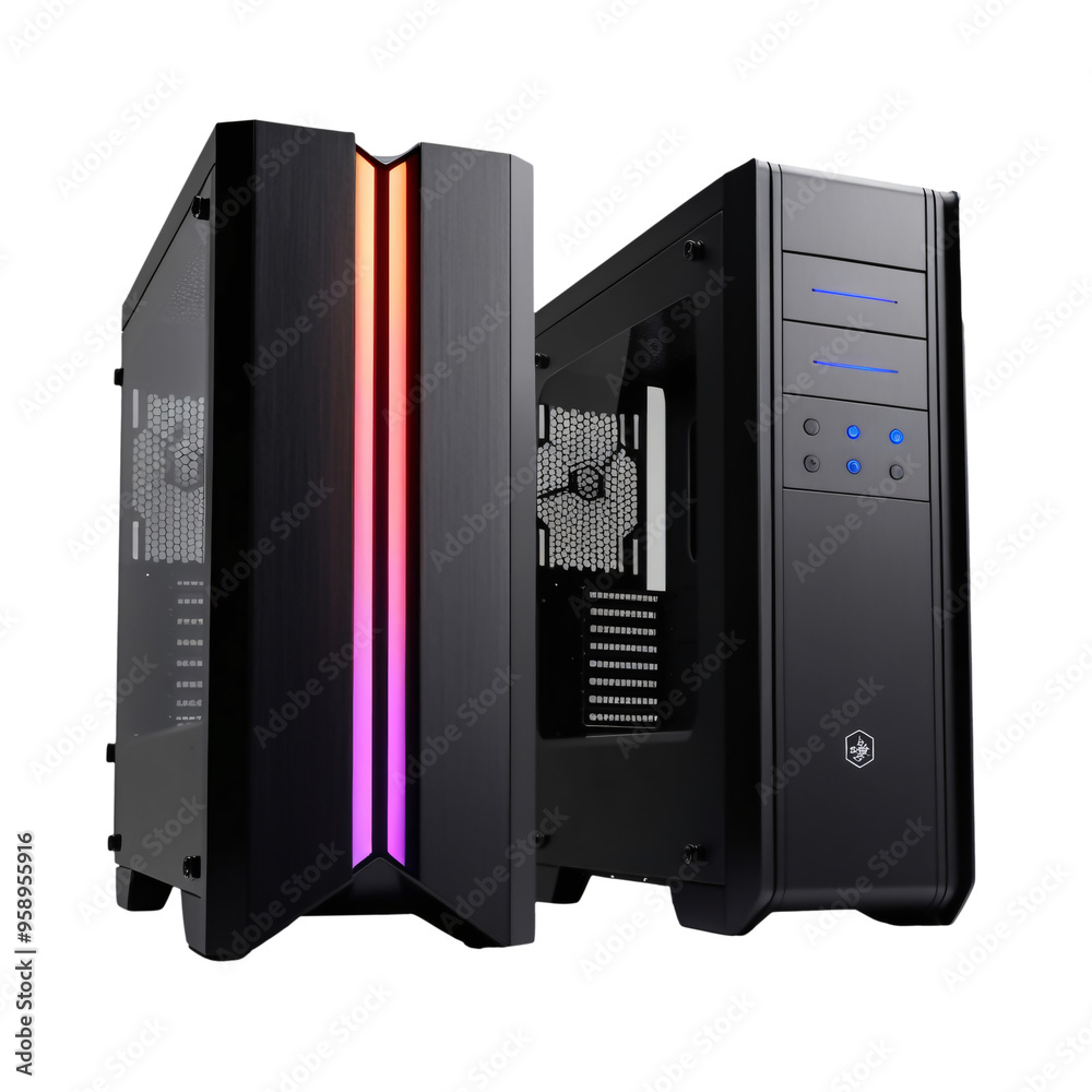 Two sleek desktop towers: left with V-shaped RGB light strip and ...