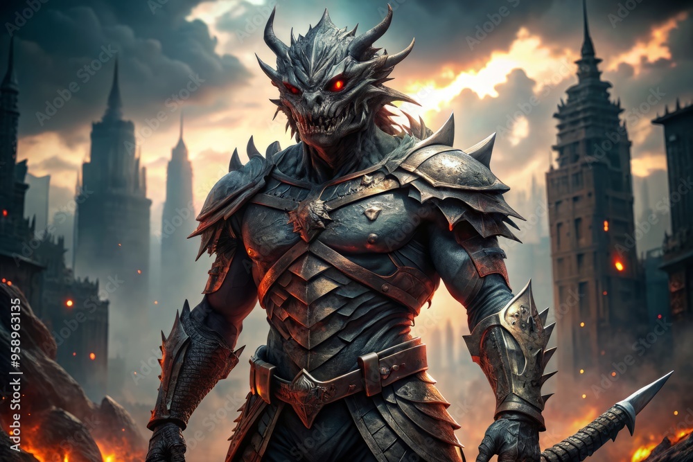 Fearsome, scaly, red-eyed draconian alien warrior stands tall, clad in ...