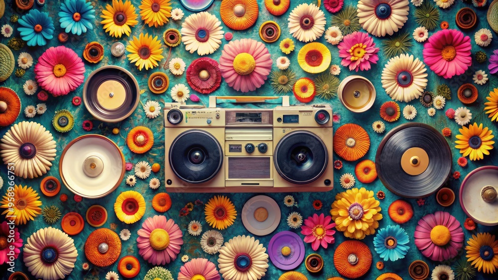 Retro cassette tapes and vinyl records surround a vintage boombox ...