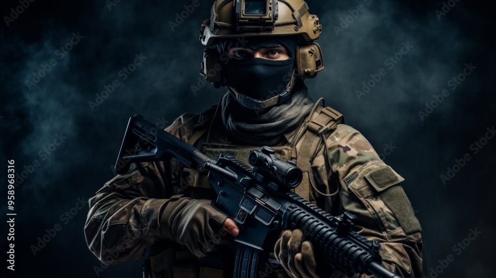 Portrait of a special forces soldier with machine gun. The concept of ...