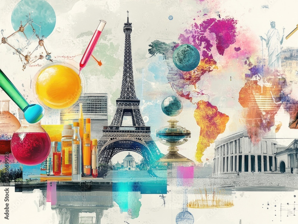 Colorful science and travel collage featuring iconic landmarks and ...