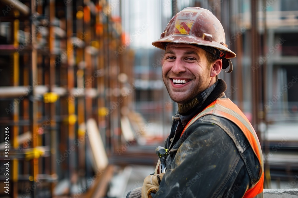 Confident construction worker in orange safety vest, hard poses on busy ...