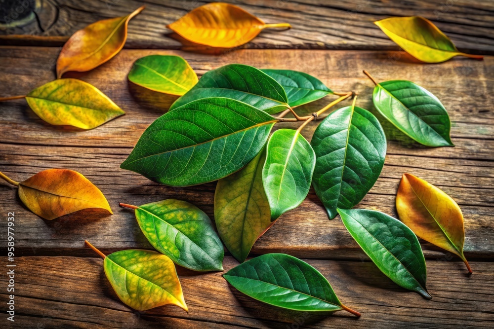 Vibrant green diospyros leaves with intricate veins and smooth edges ...