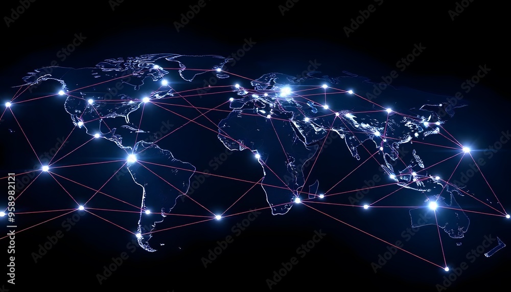 A world map at night showing the lights of cities and towns across the ...