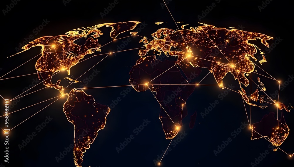 A world map at night showing the lights of cities and towns across the ...