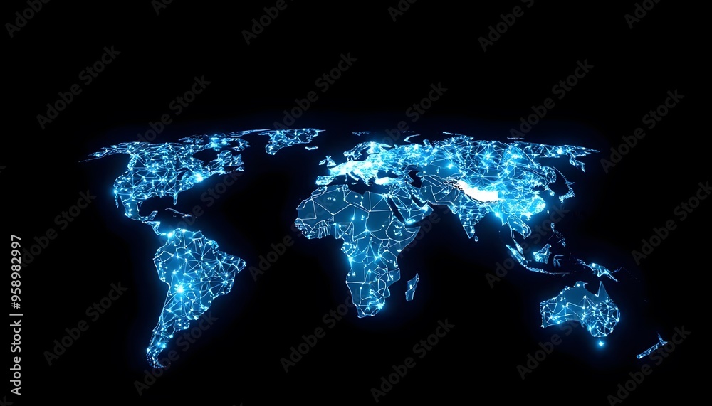 A world map at night showing the lights of cities and towns across the ...