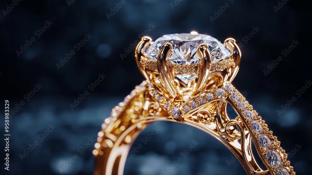 A close-up of a sparkling diamond engagement ring set in gold with ...
