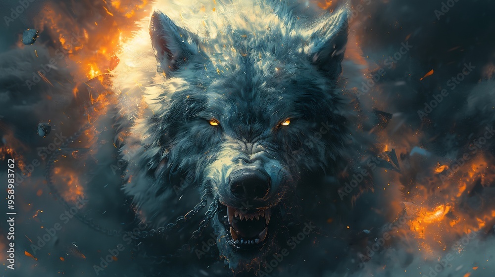 Myth of Fenrir the monstrous wolf bound by the gods jaws wide open ...