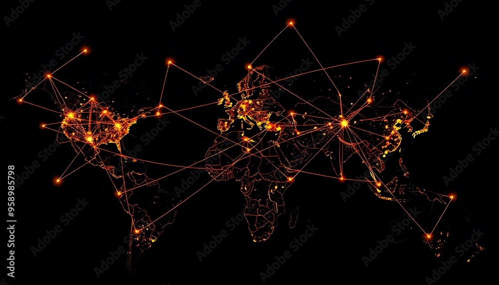 A world map at night showing the lights of cities and towns across the ...