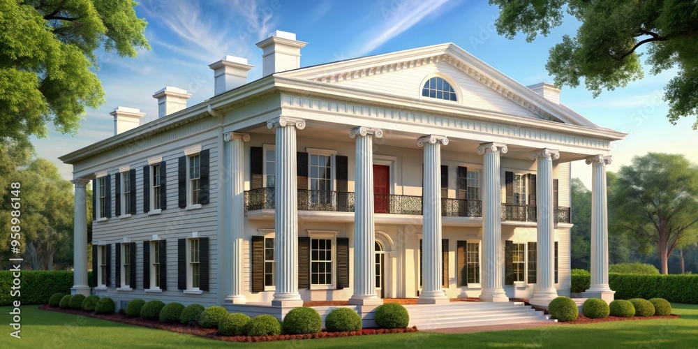Classical White Mansion with Doric Columns, 3D Rendering, Architectural ...