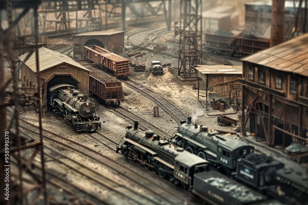model train yard featuring several vintage locomotives and cars. The ...