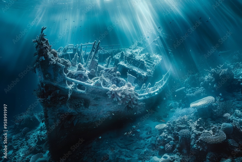 A mysterious, underwater photograph capturing the sunken remains of a ...