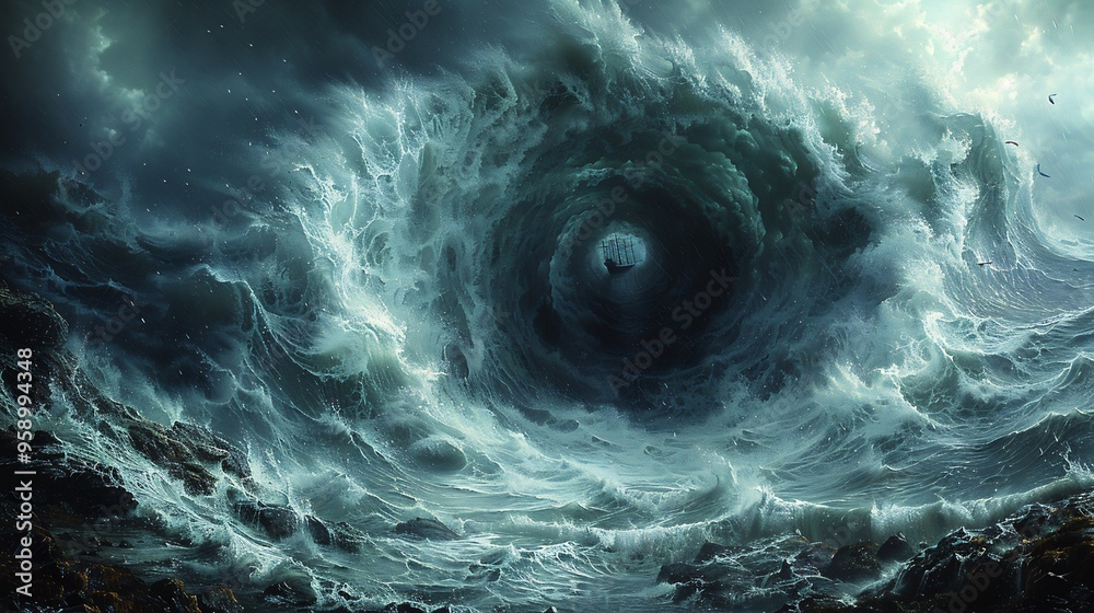 Myth of the Charybdis a massive whirlpool in the sea ancient Greek ...