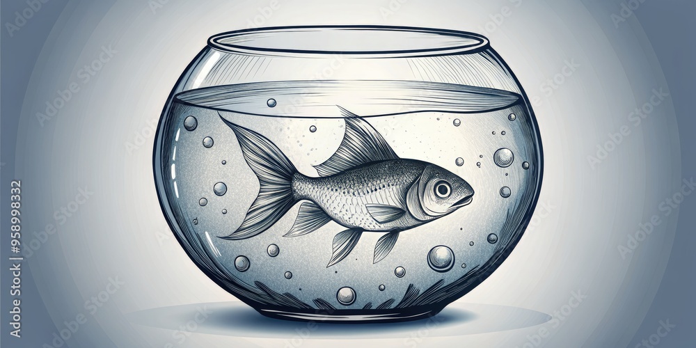 Simple, hand-drawn black and white illustration of a classic fishbowl ...
