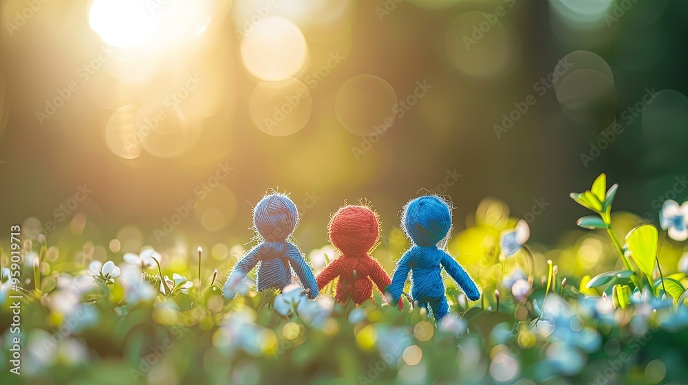 Composition of three colorful faceless dolls holding hands and standing ...