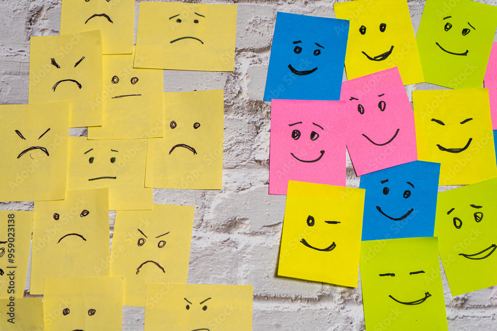 Poster conceptual image composed of two groups of post-its facing each ...