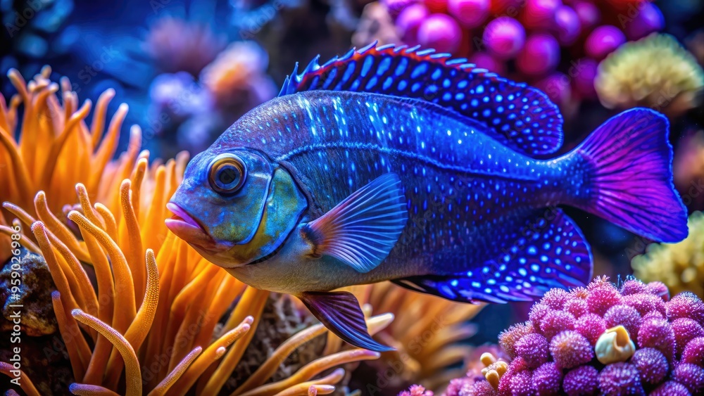 Vibrant blue sapphire devil fish with iridescent scales and flowing ...