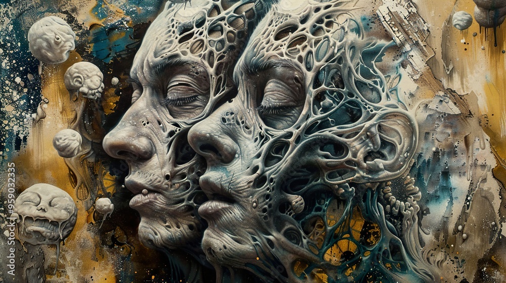 Abstract art of two human faces merged together with a surreal, organic ...