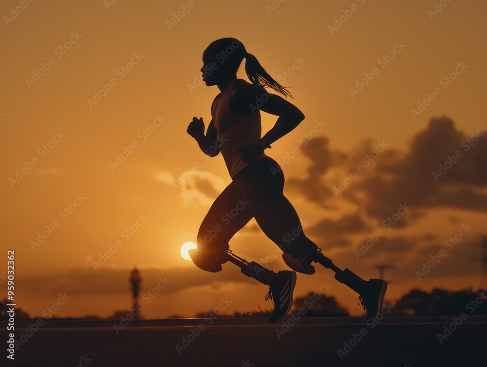female athlete with prosthetic legs running at sunset, silhouette of ...